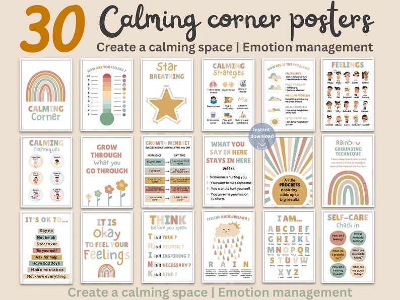 Set of 30 Calm Corner Poster Boho Calm Down Corner Posters Printable ...