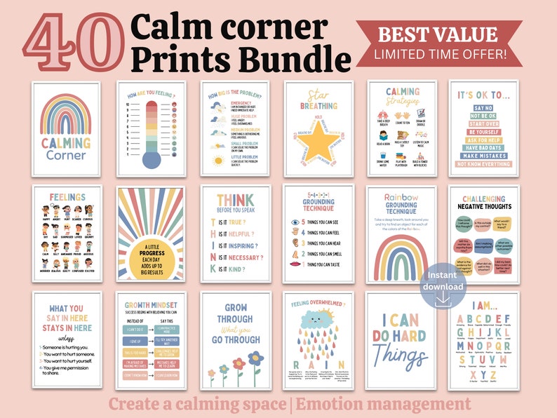 40 Calm Down Corner Posters Printable, Calm Corner Sign, Boho Calming ...