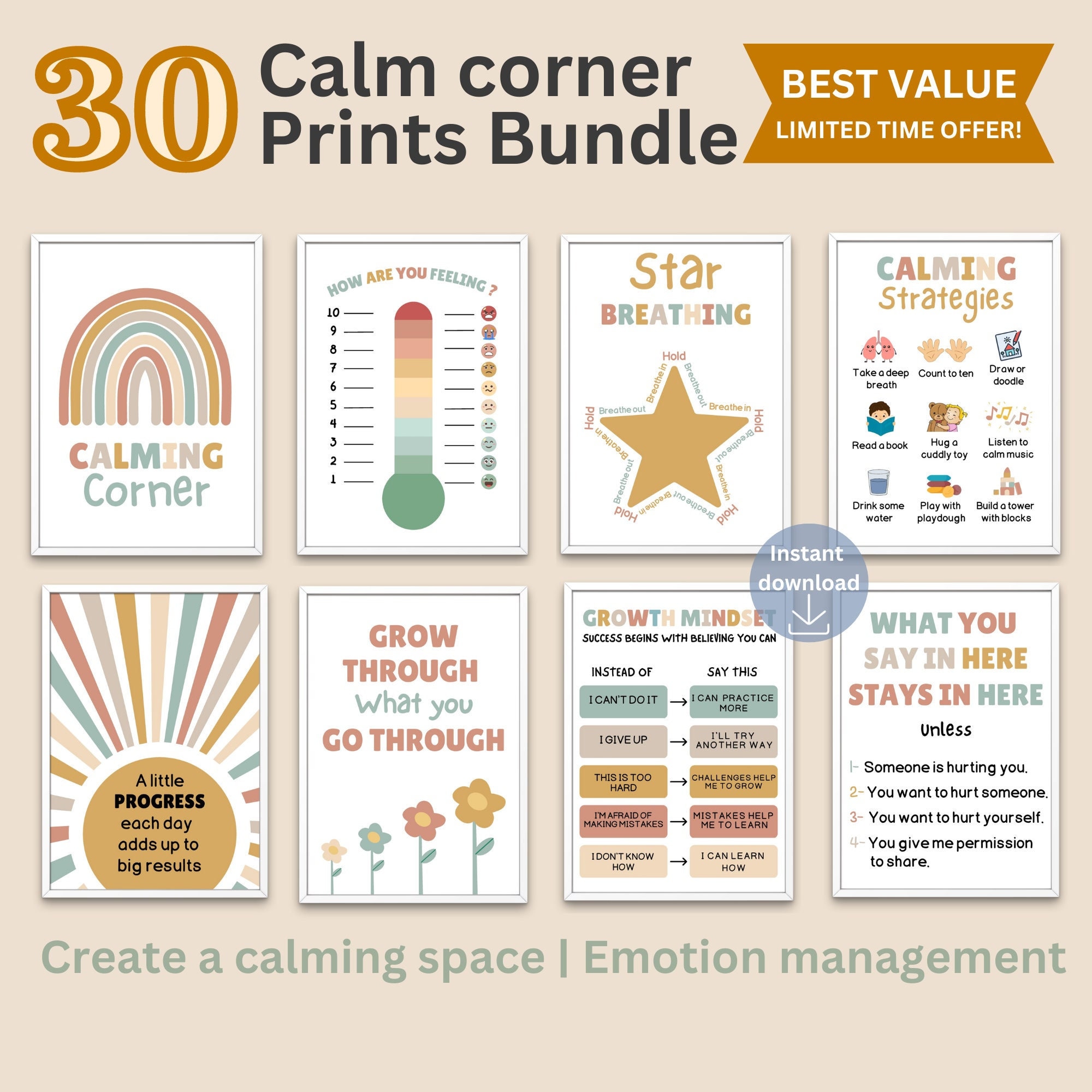 Set of 30 Calm Corner Poster Boho Calm Down Corner Posters Printable ...