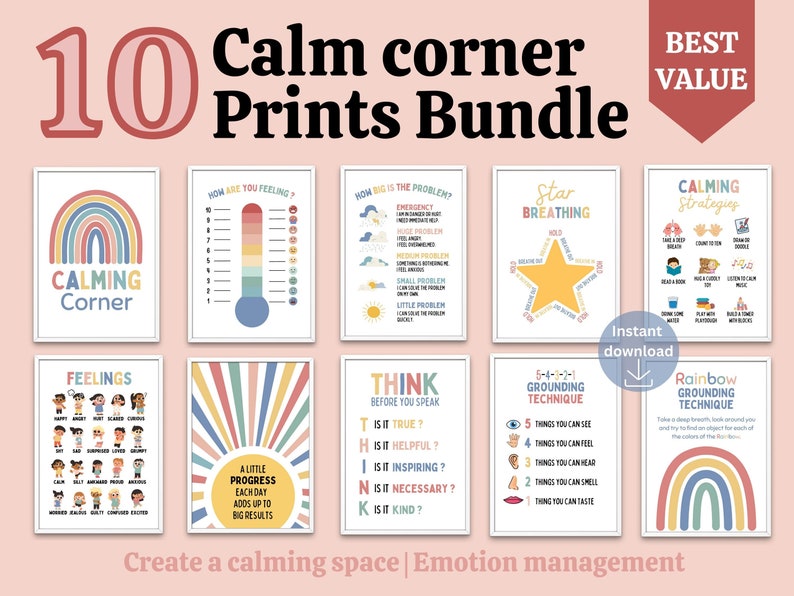10 Calm Down Corner Posters Sign Kit Calming Decor Print Counselor ...