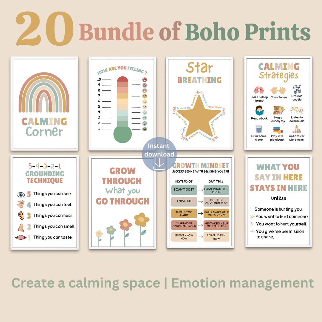 Set of 20 Calm Down Corner Posters, Boho Counselor Decor, Calming ...