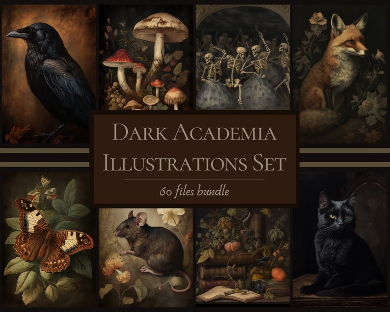 Dark Academia Illustrations Set - Moody Fall Images Files - Antique ...