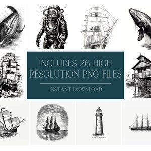 Set of 26 Nautical Sketches and Line Art Illustrations - Instant ...