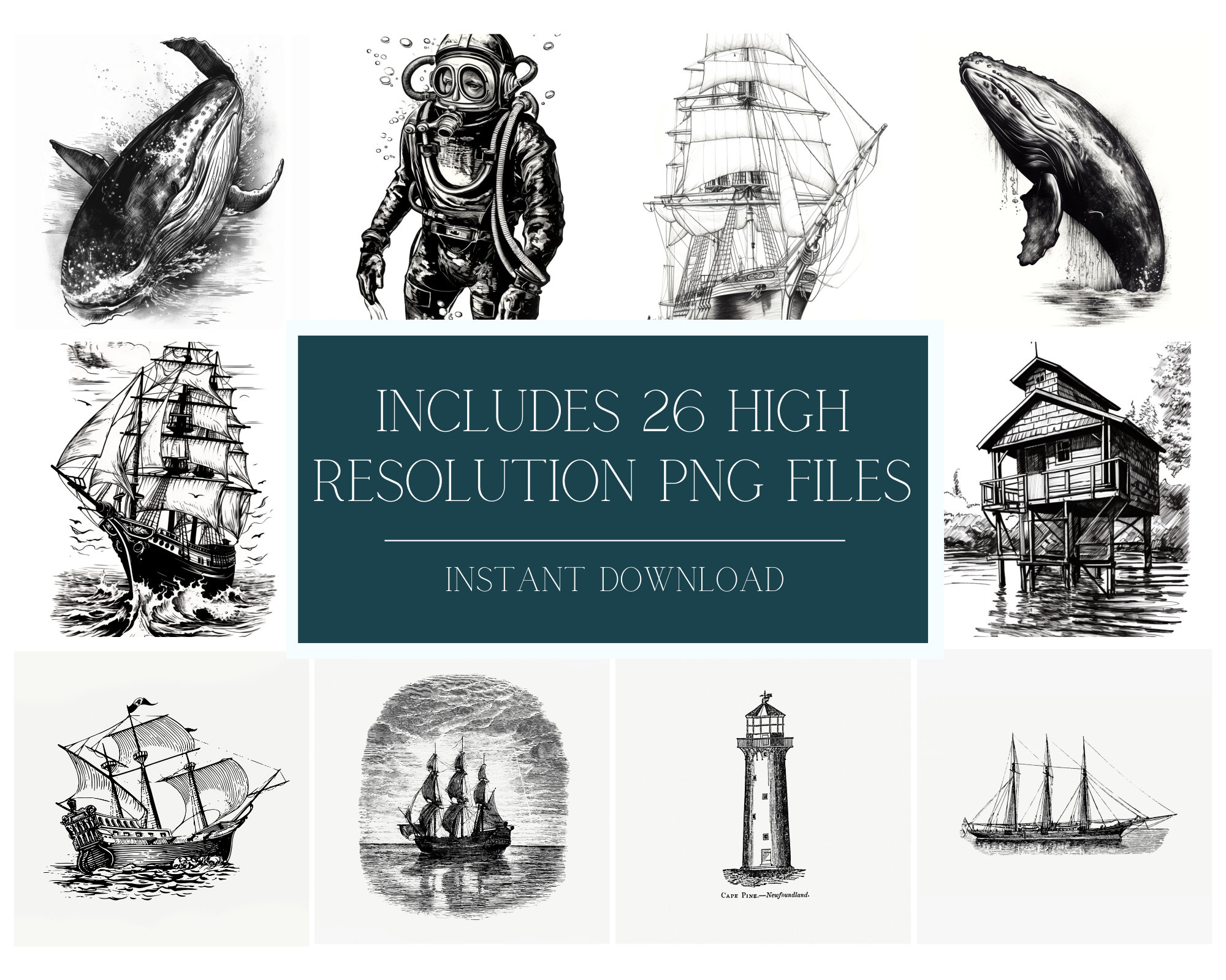 Set of 26 Nautical Sketches and Line Art Illustrations - Instant ...