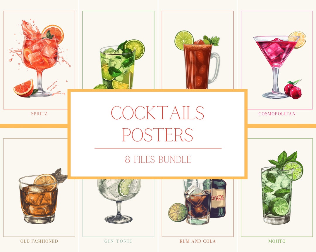Set of 8 COCKTAIL POSTERS - PNG - Instant Download - Drinks Prints ...