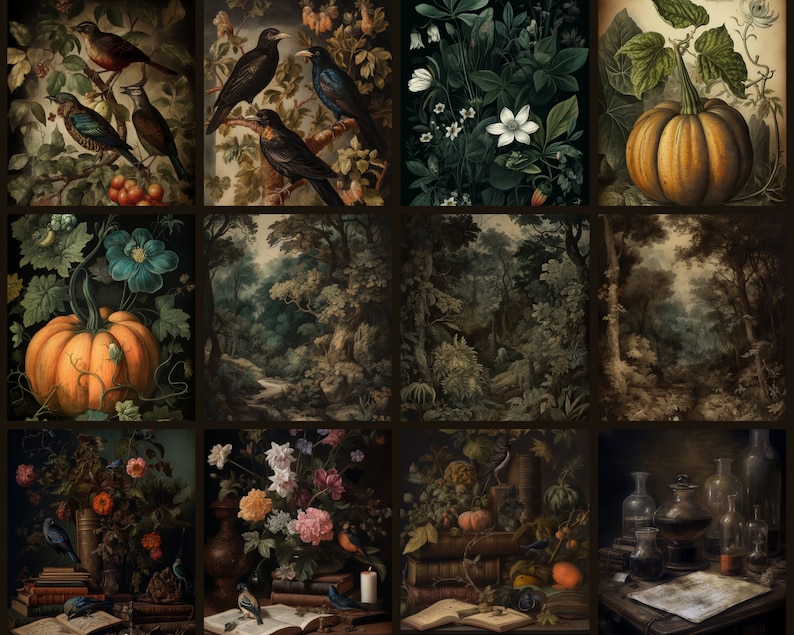 Dark Academia Illustrations Set - Moody Fall Images Files - Antique ...