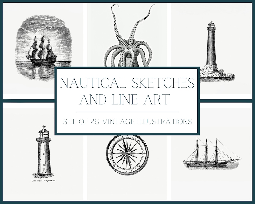Set of 26 Nautical Sketches and Line Art Illustrations - Instant ...