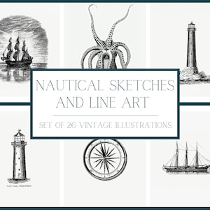 Set of 26 Nautical Sketches and Line Art Illustrations - Instant ...