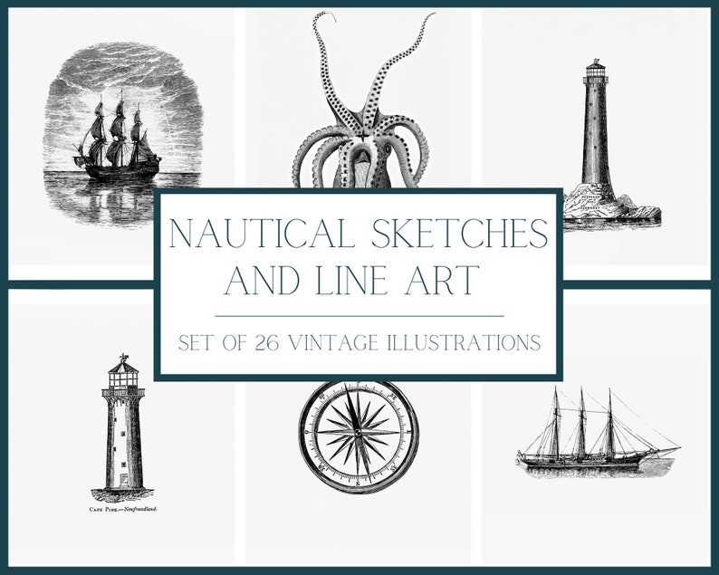 Set of 26 Nautical Sketches and Line Art Illustrations - Instant ...