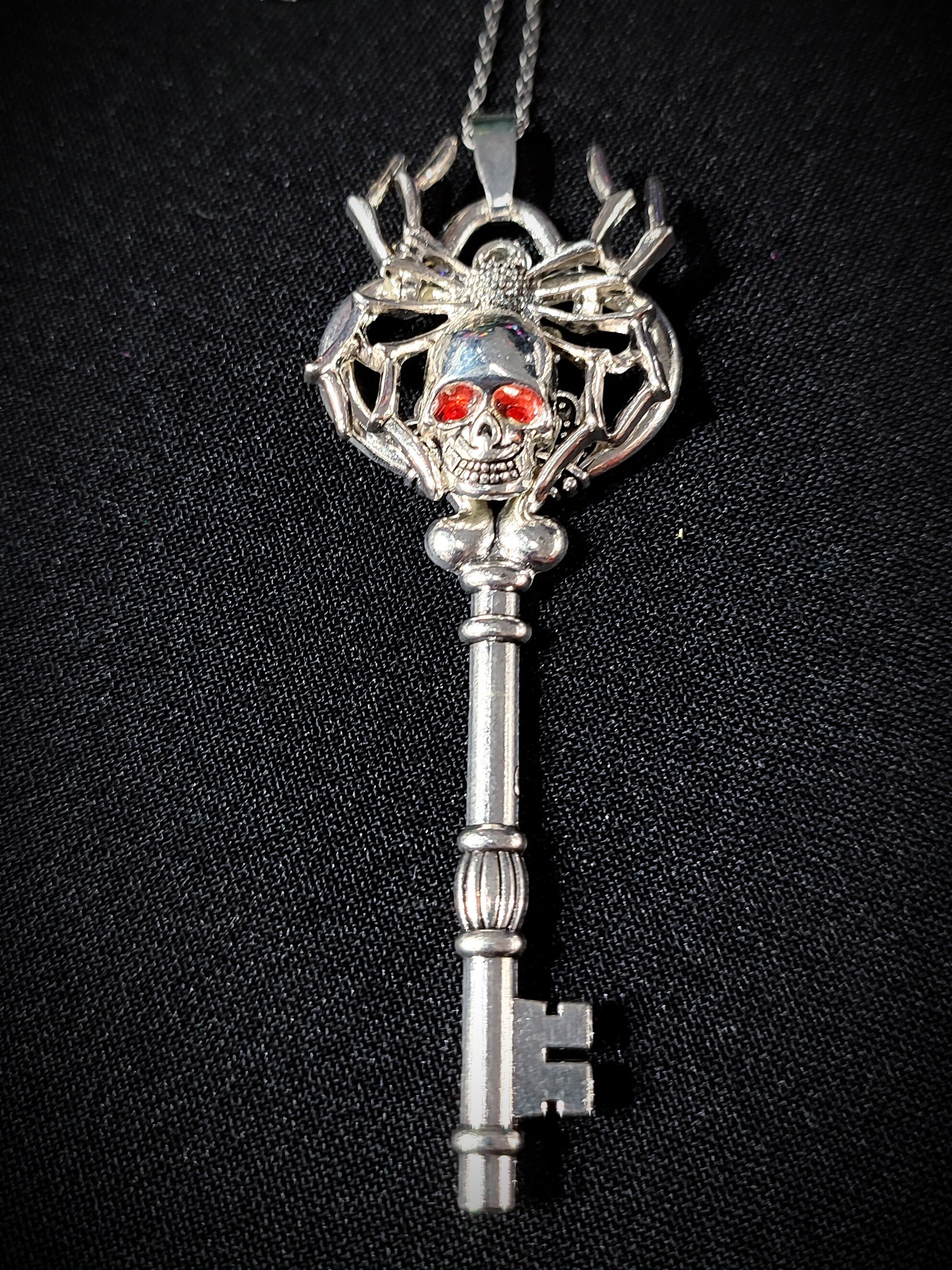 Key Necklace Skull Spider Gothic Pendant Red Silver Jewelry Unique ...