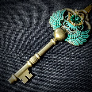 Key Necklace Angel Wings Heart Gothic Pendant Bronze Green Jewelry ...