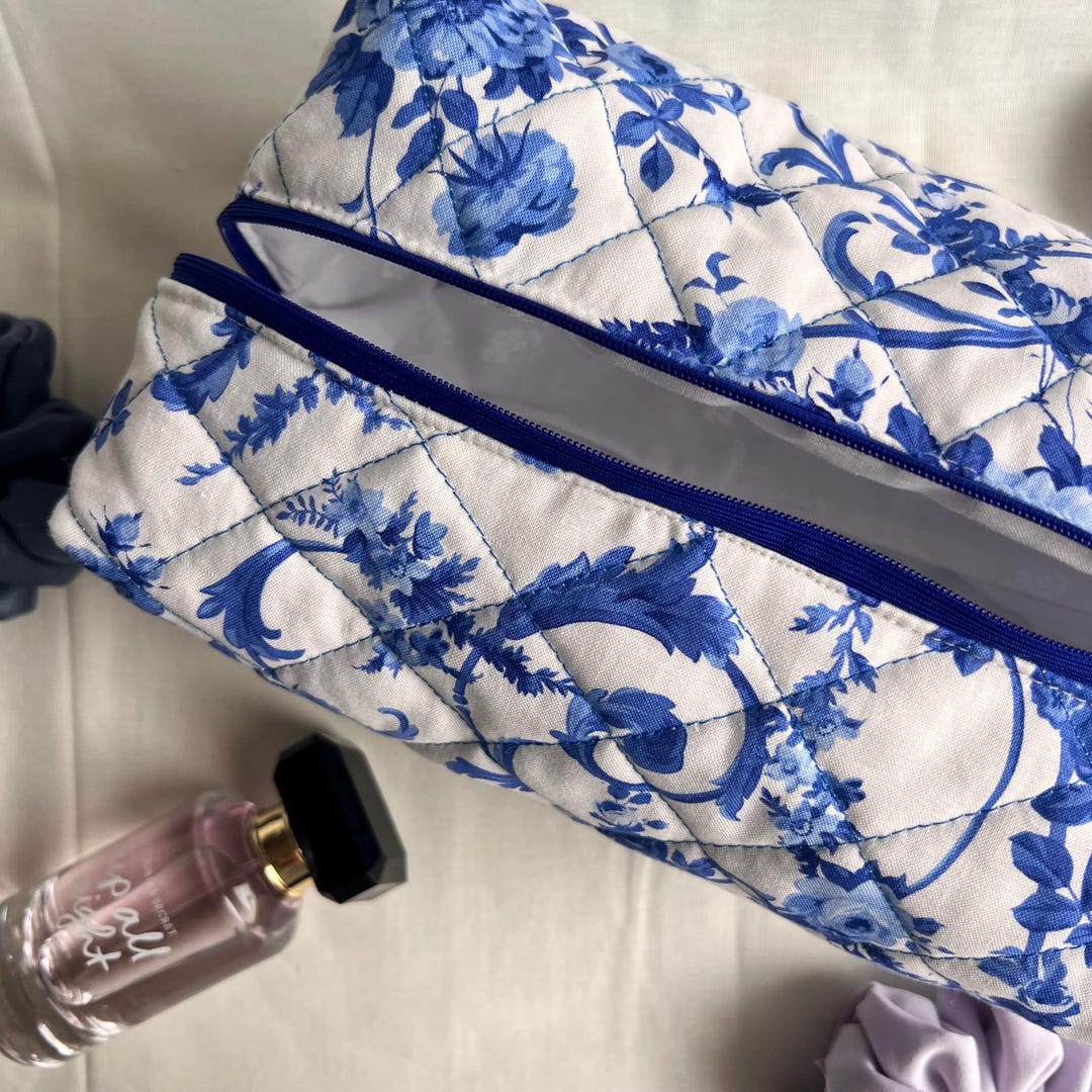 Blue Floral Makeup Bag, Quilted Boxy Toiletry Pouch, Blue and White ...