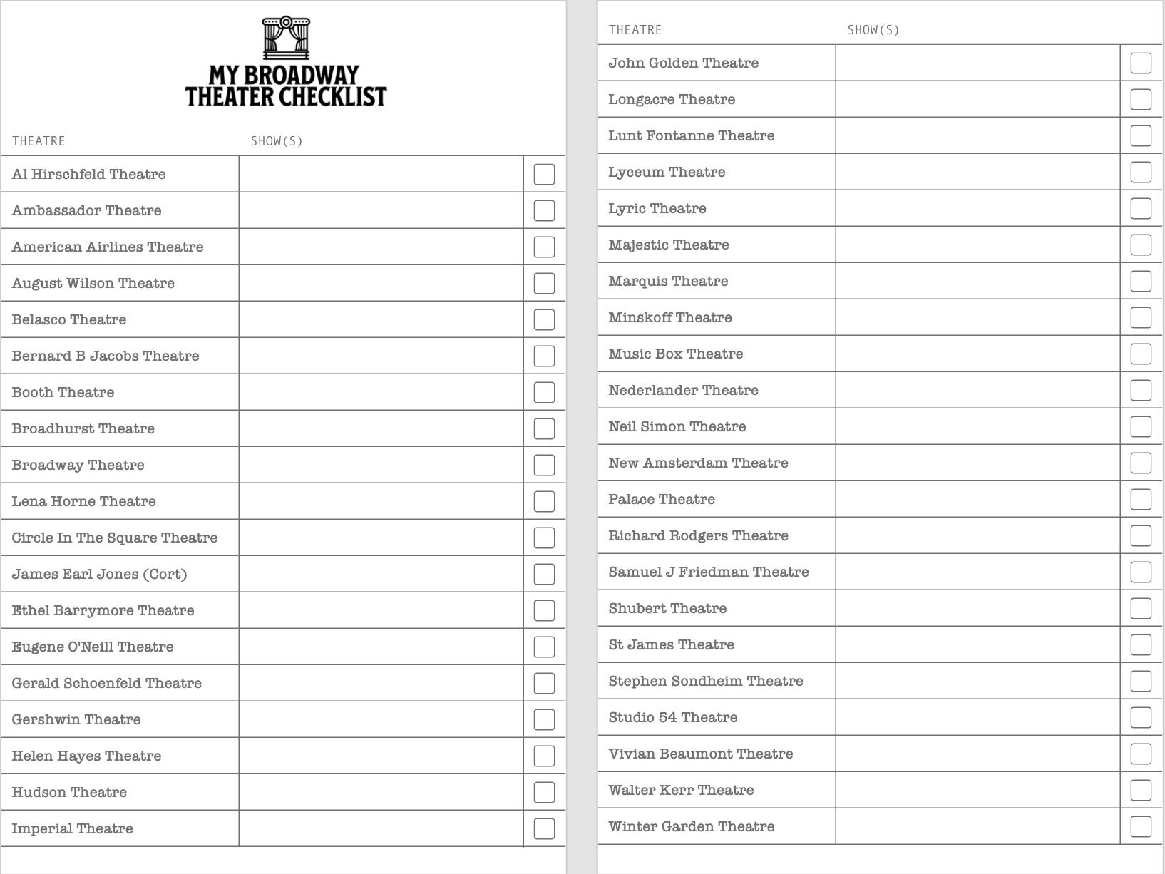 Broadway Theater Checklist for Playbill Protective Sleeves Binders - Etsy