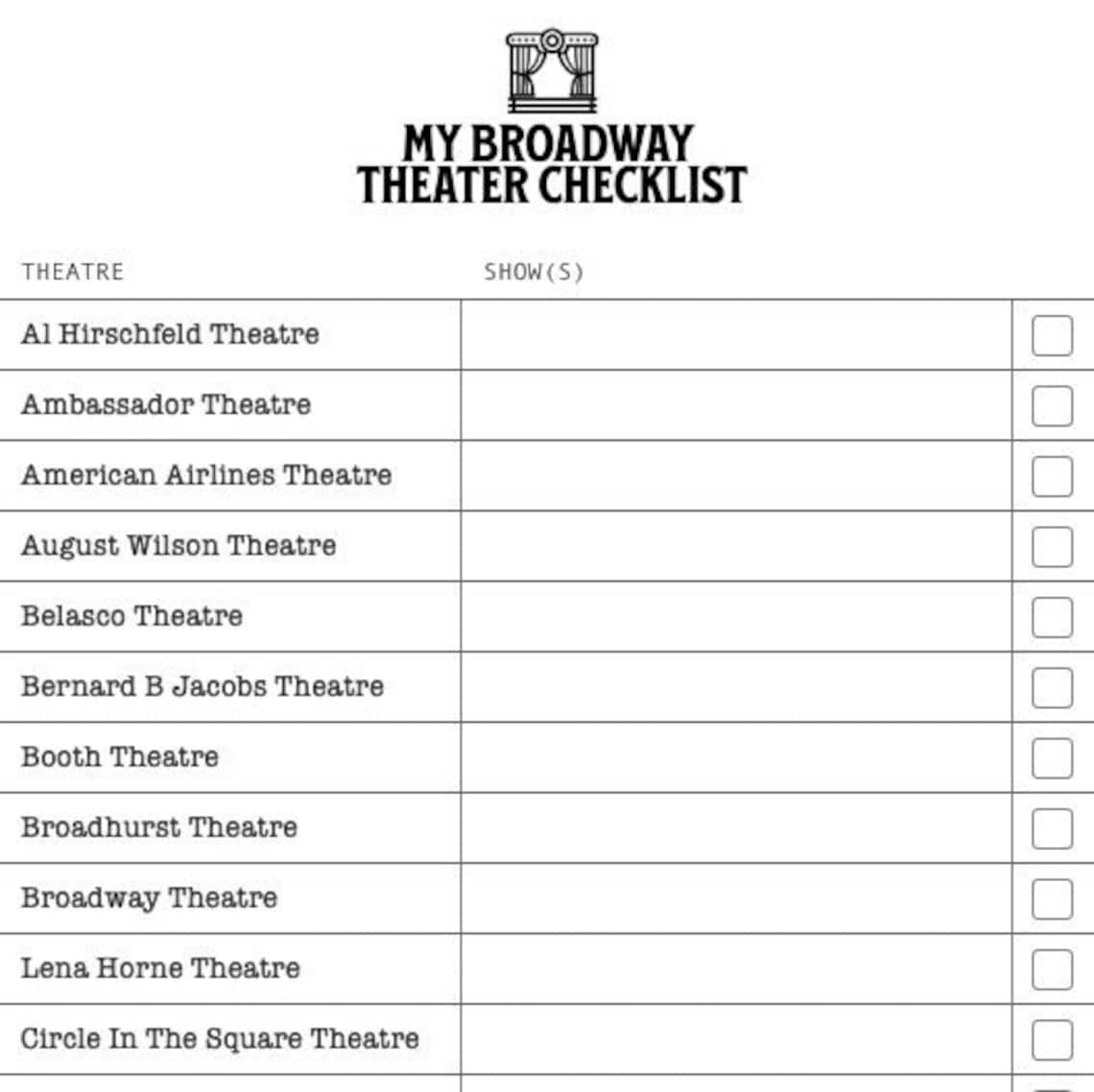 Broadway Theater Checklist for Playbill Protective Sleeves Binders - Etsy