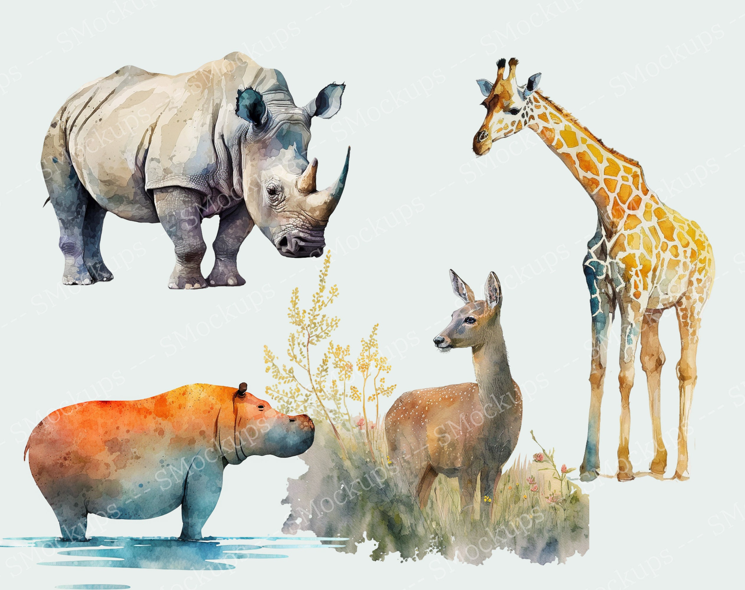 African Herbivores Animals Png Clipart Bundle, Watercolor Animals for ...