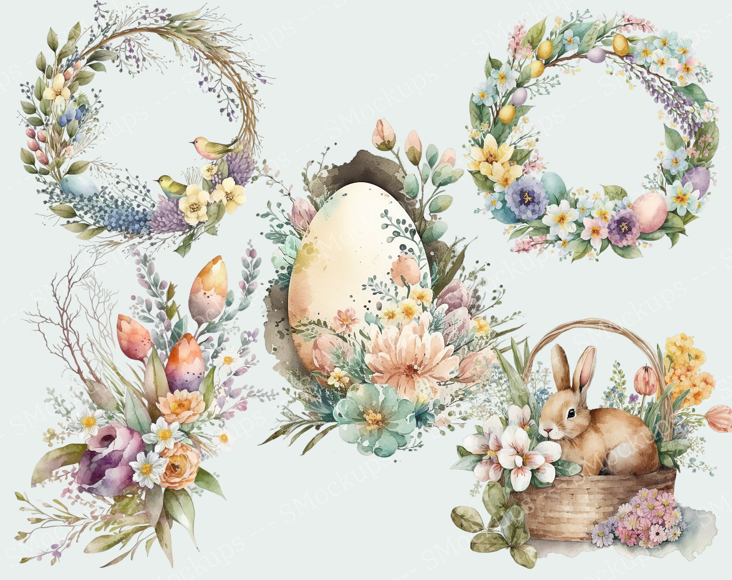 Easter PNG Watercolor Clipart Bundle, Cute Easter Banny Png, Watercolor ...