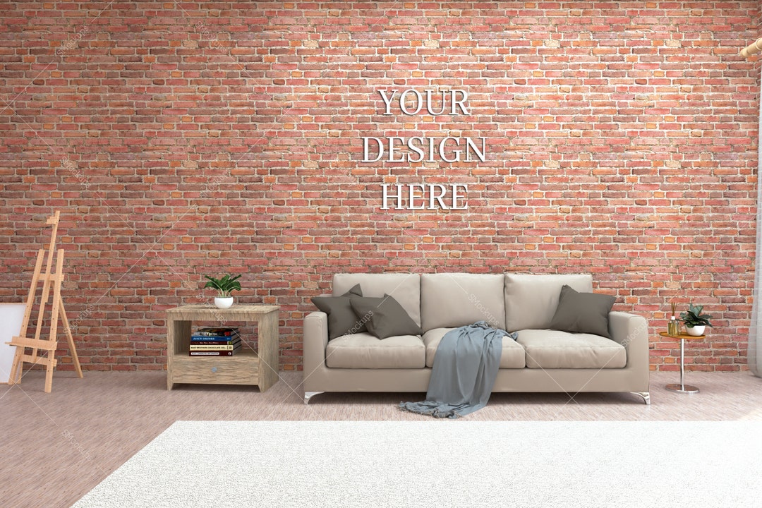 Digital Living Room Mockup, JPG Mockup Scene, Digital Background, Brick ...