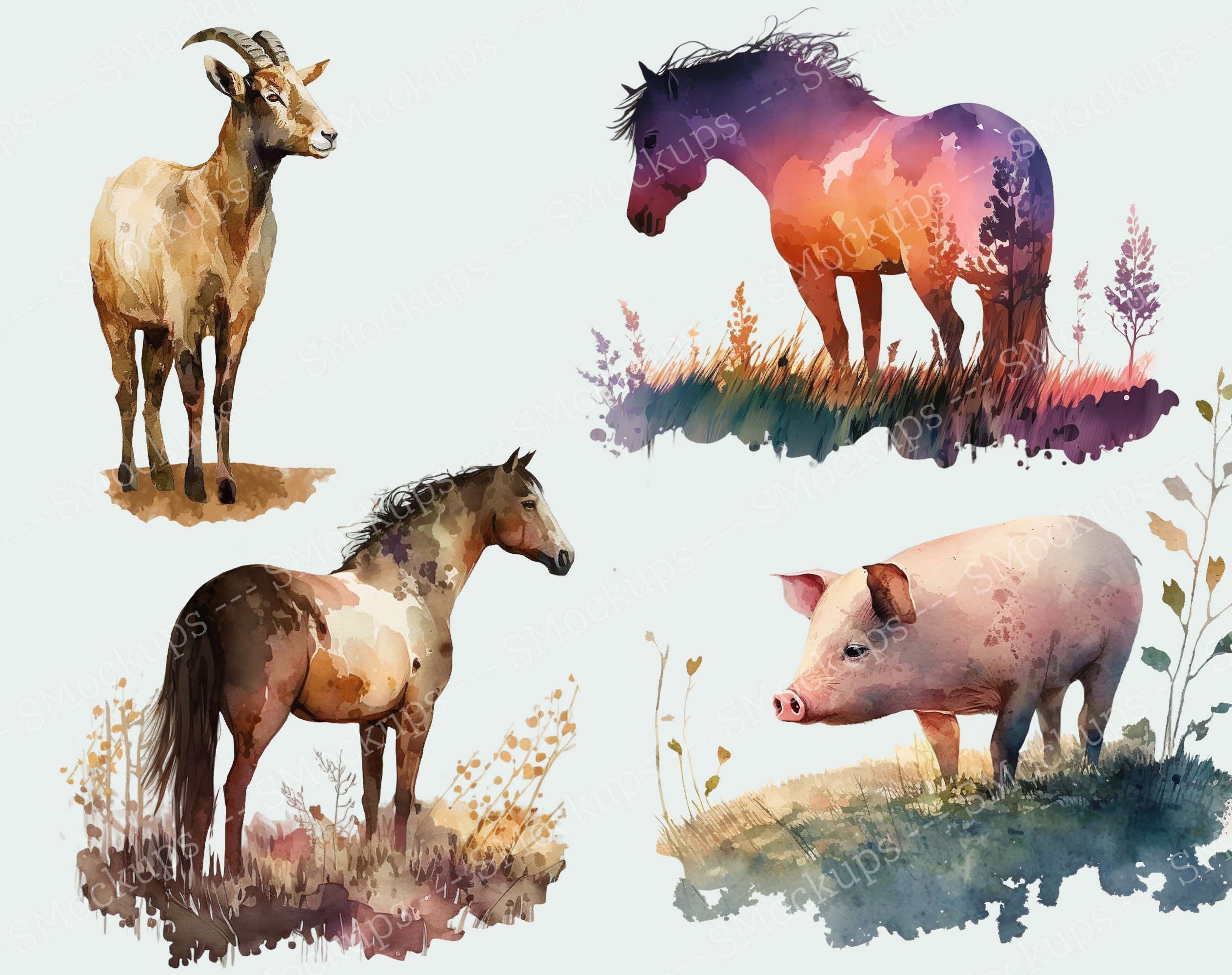 Farm Animals Png Clipart Bundle, Watercolor Animals for Cards ...
