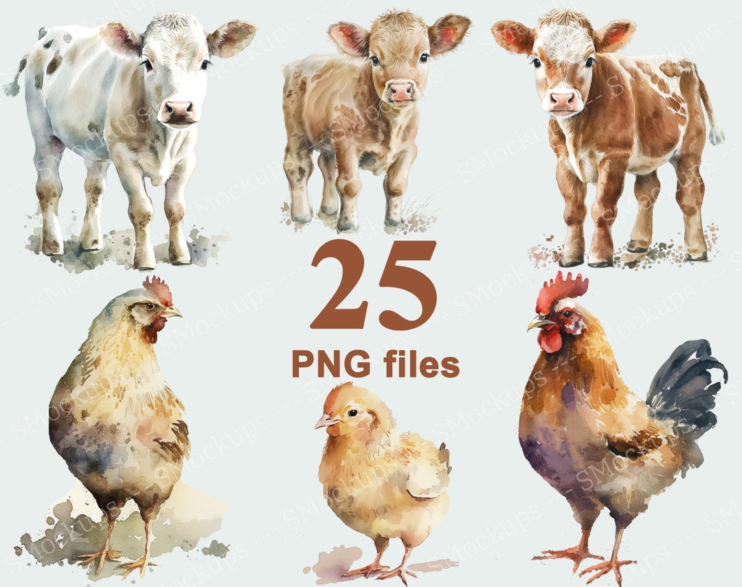 Farm Animals Png Clipart Bundle, Watercolor Animals for Cards ...