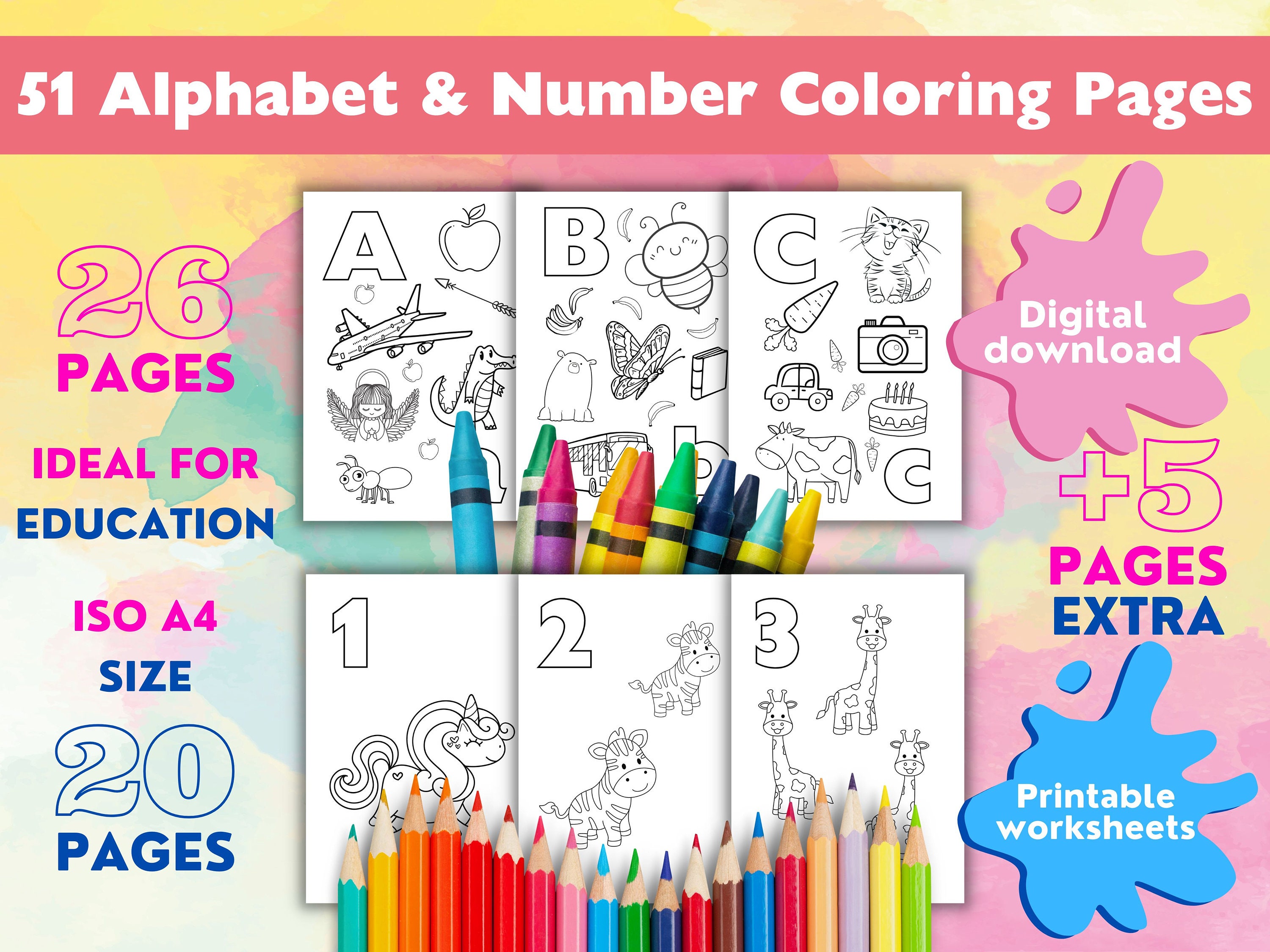 51 Alphabet & Number Coloring Pages, Format ISO A4, Coloring Page ...