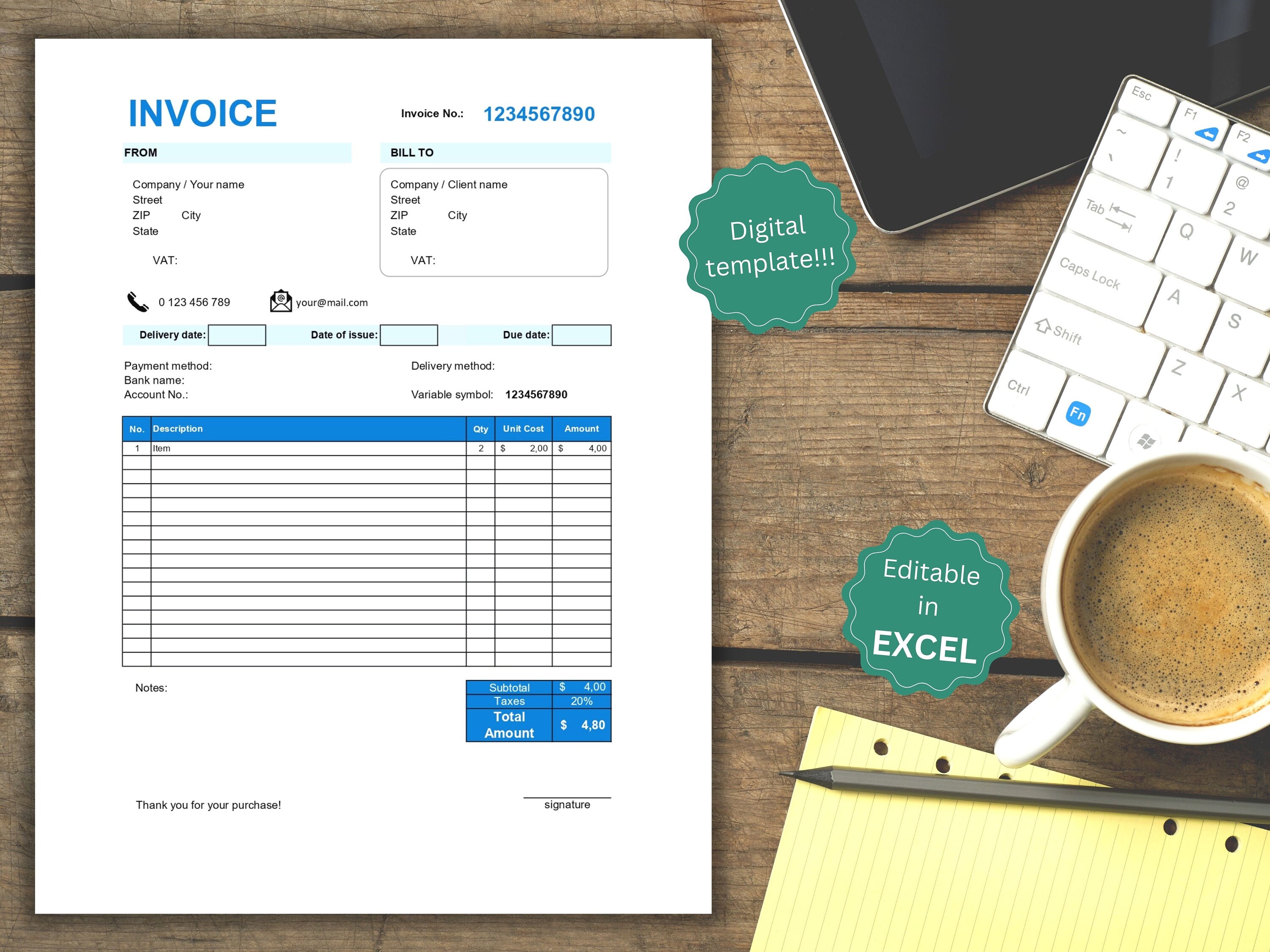 Excel Invoice Template, Invoice Template, Small Business Invoice ...