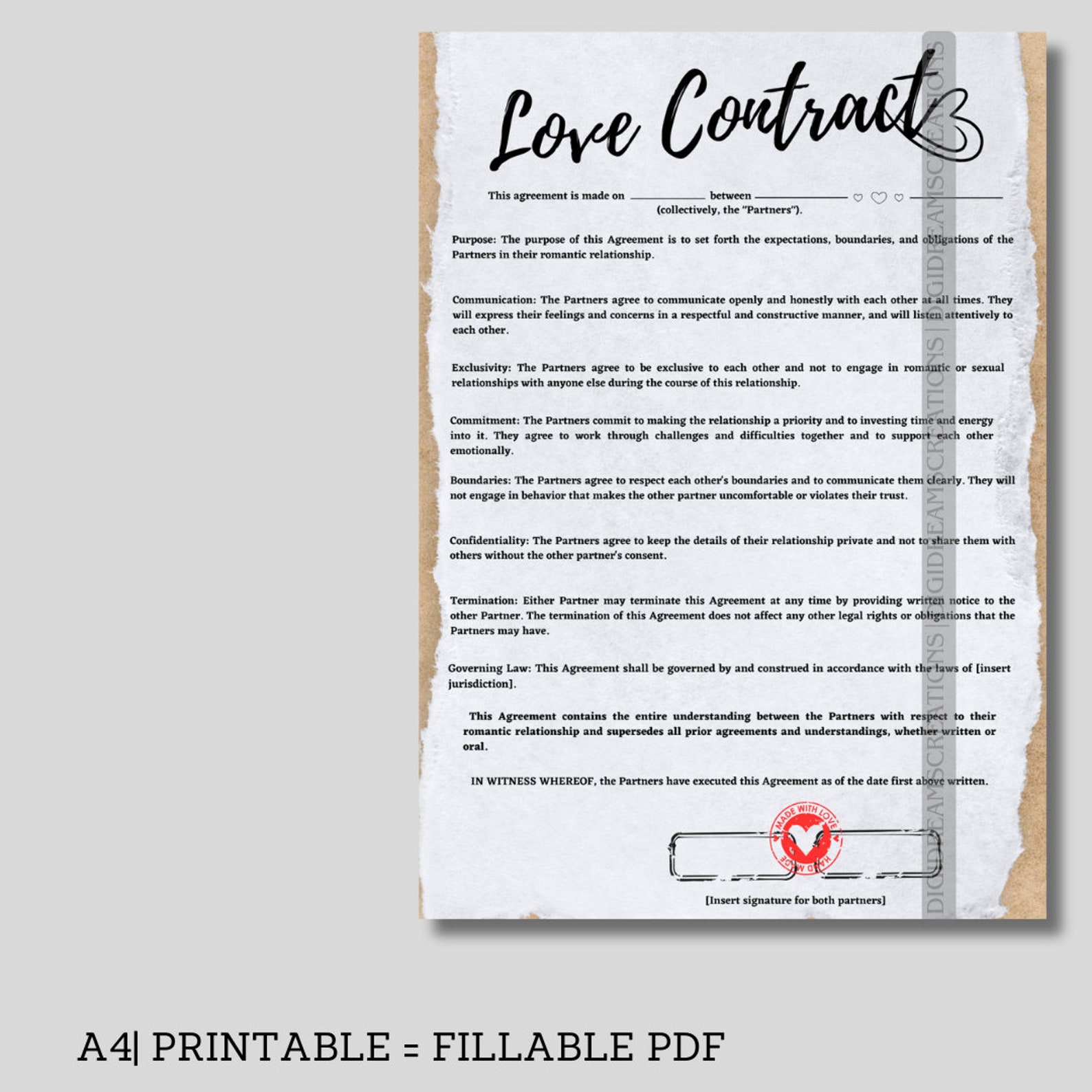 Couple Contract, Printable Love Contract, Digital Relationship Contract ...