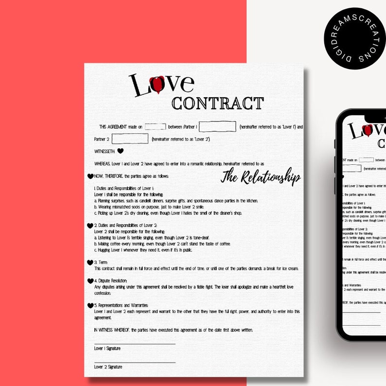 Couple Contract, Printable Love Contract, Digital Relationship Contract ...