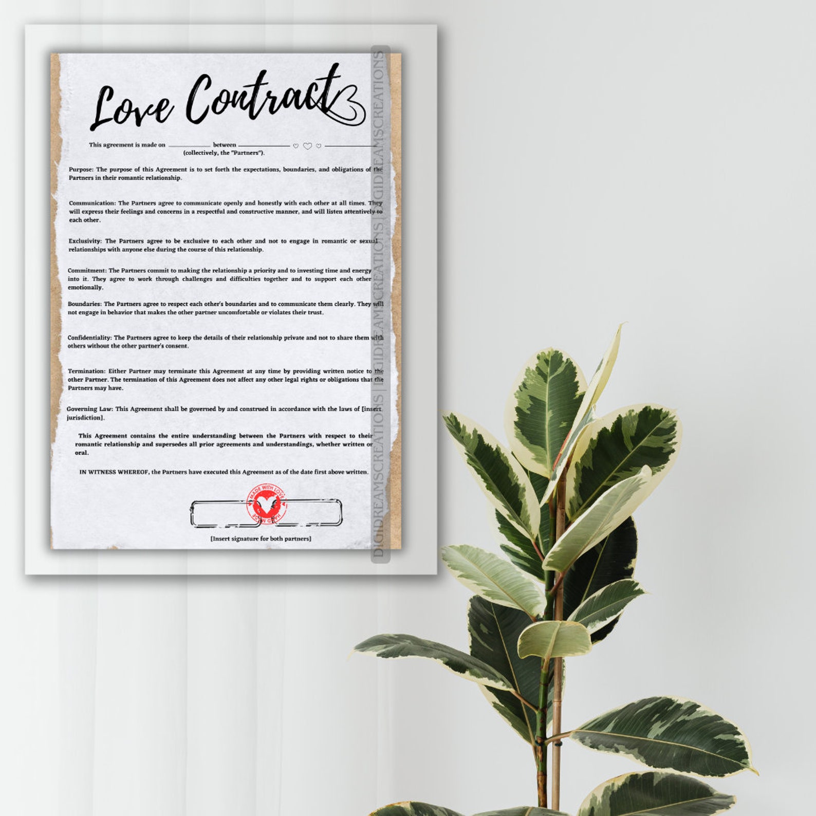 Couple Contract, Printable Love Contract, Digital Relationship Contract ...