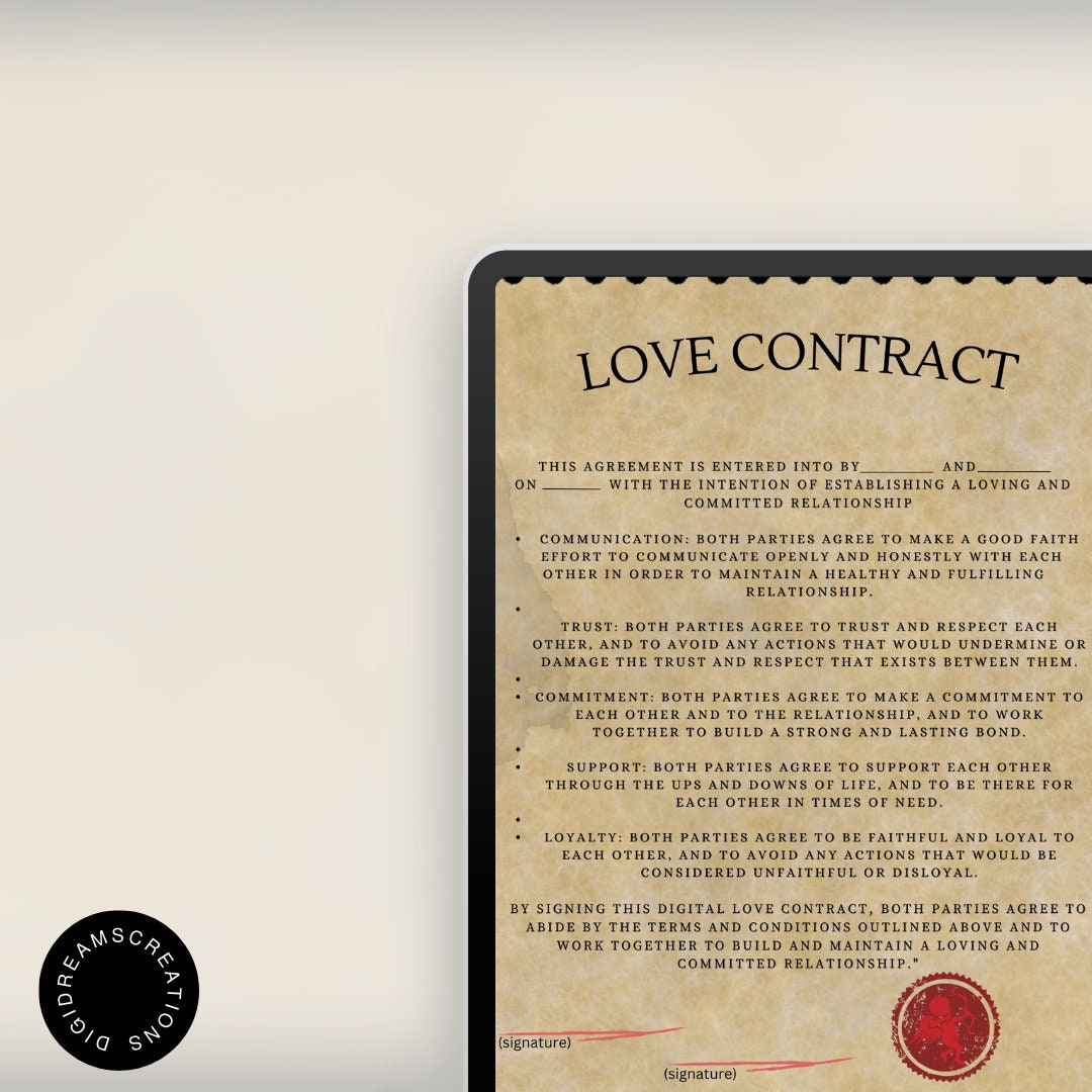 Couple Contract, Printable Love Contract, Digital Relationship Contract ...