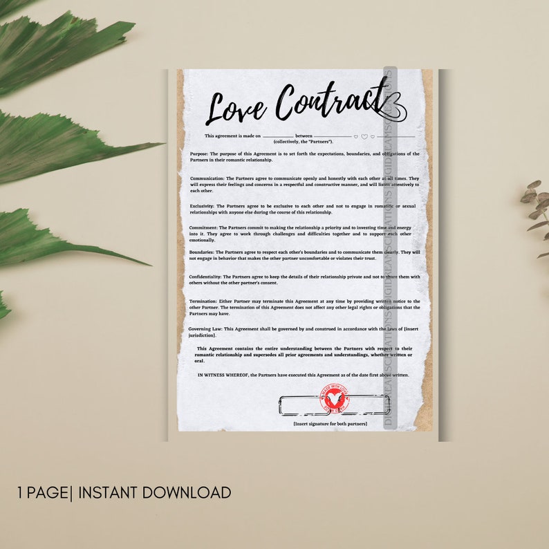 Couple Contract, Printable Love Contract, Digital Relationship Contract ...