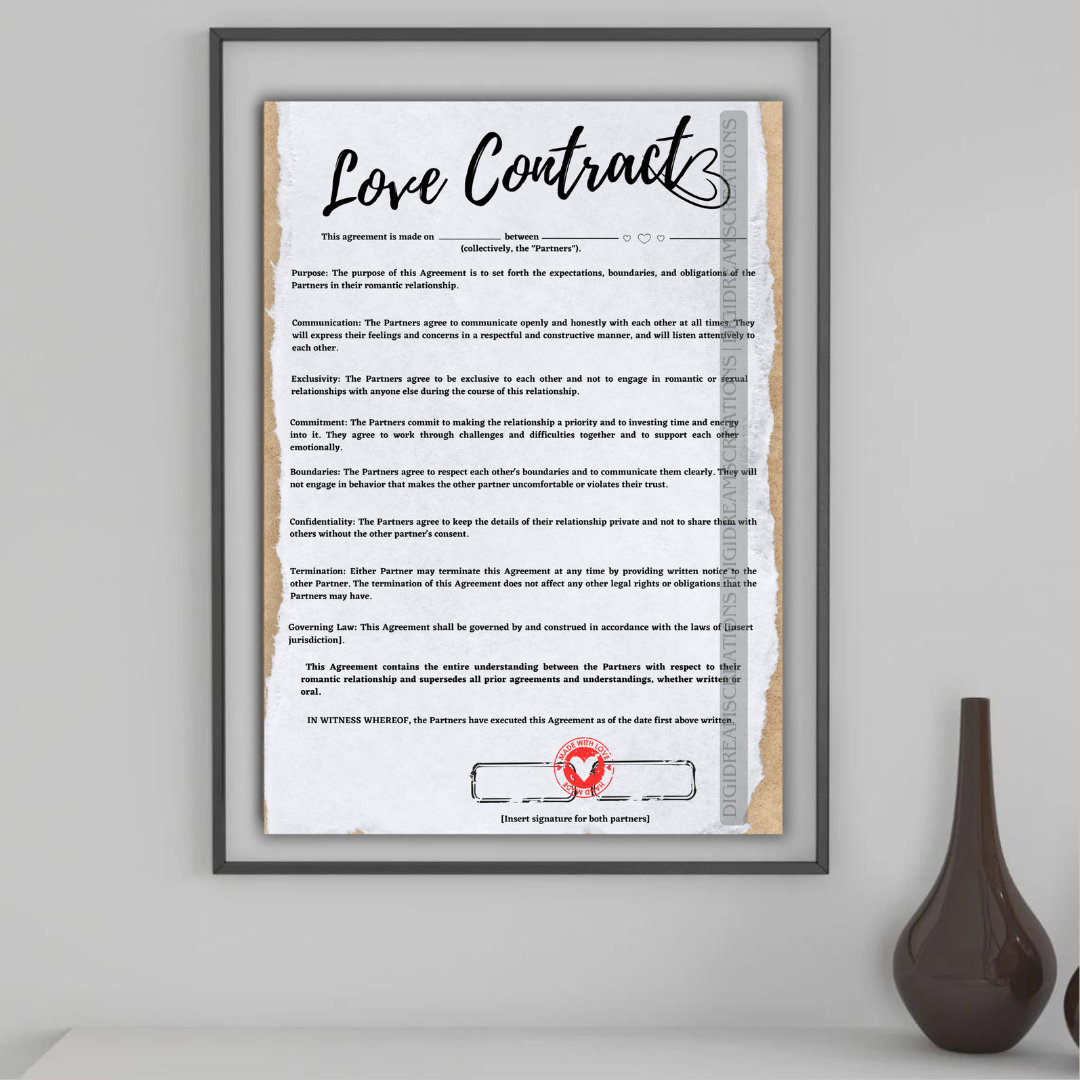 Couple Contract, Printable Love Contract, Digital Relationship Contract ...