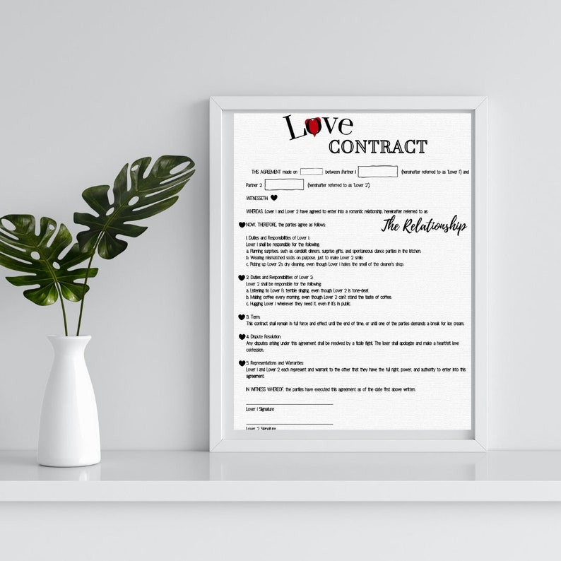Couple Contract, Printable Love Contract, Digital Relationship Contract ...