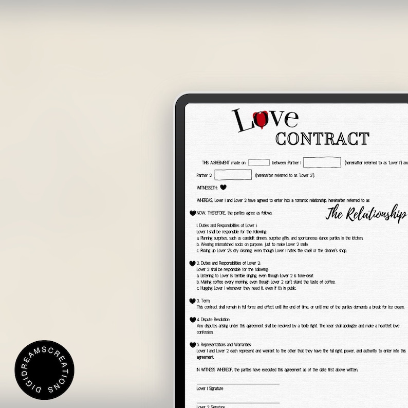 Couple Contract, Printable Love Contract, Digital Relationship Contract ...