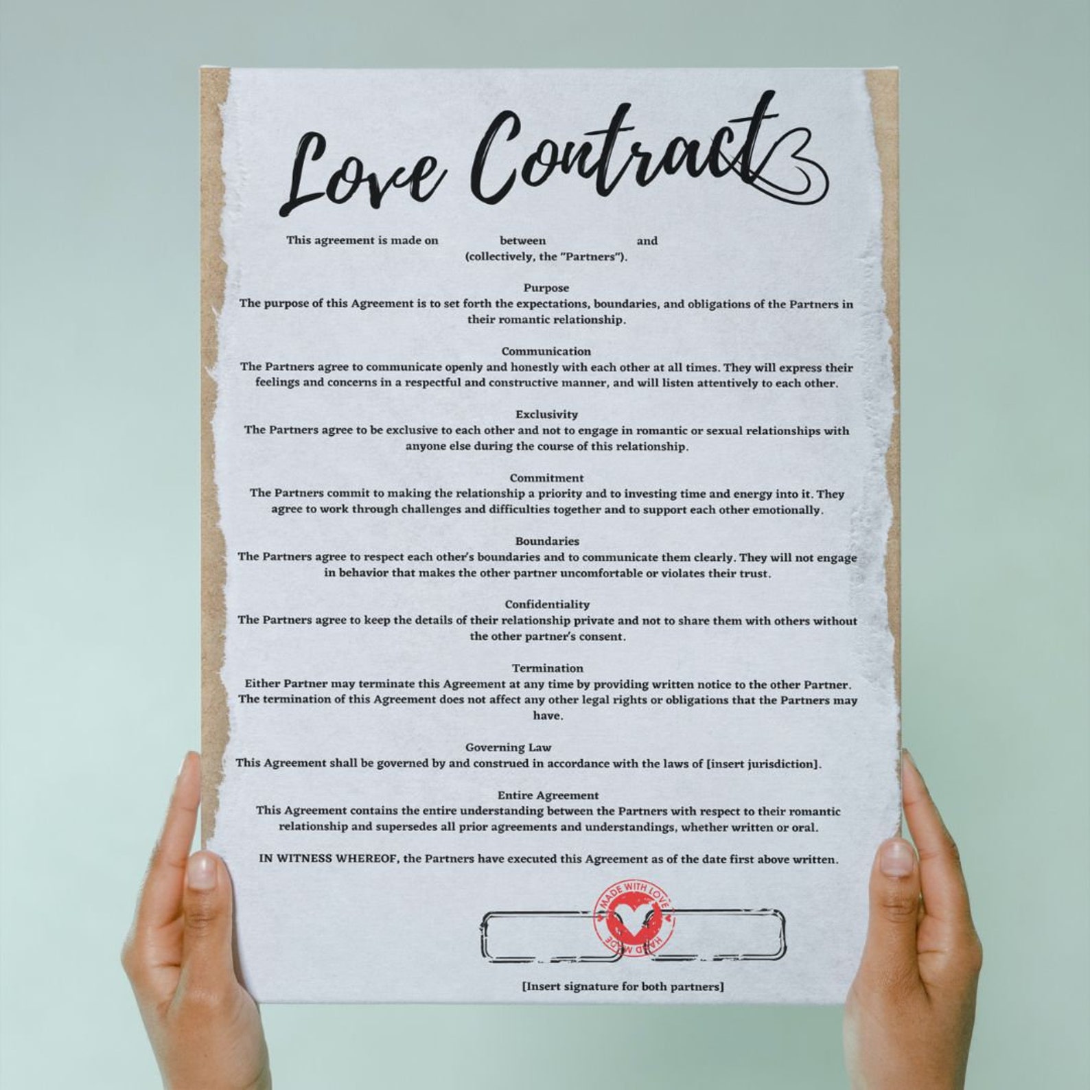 Couple Contract, Printable Love Contract, Digital Relationship Contract ...