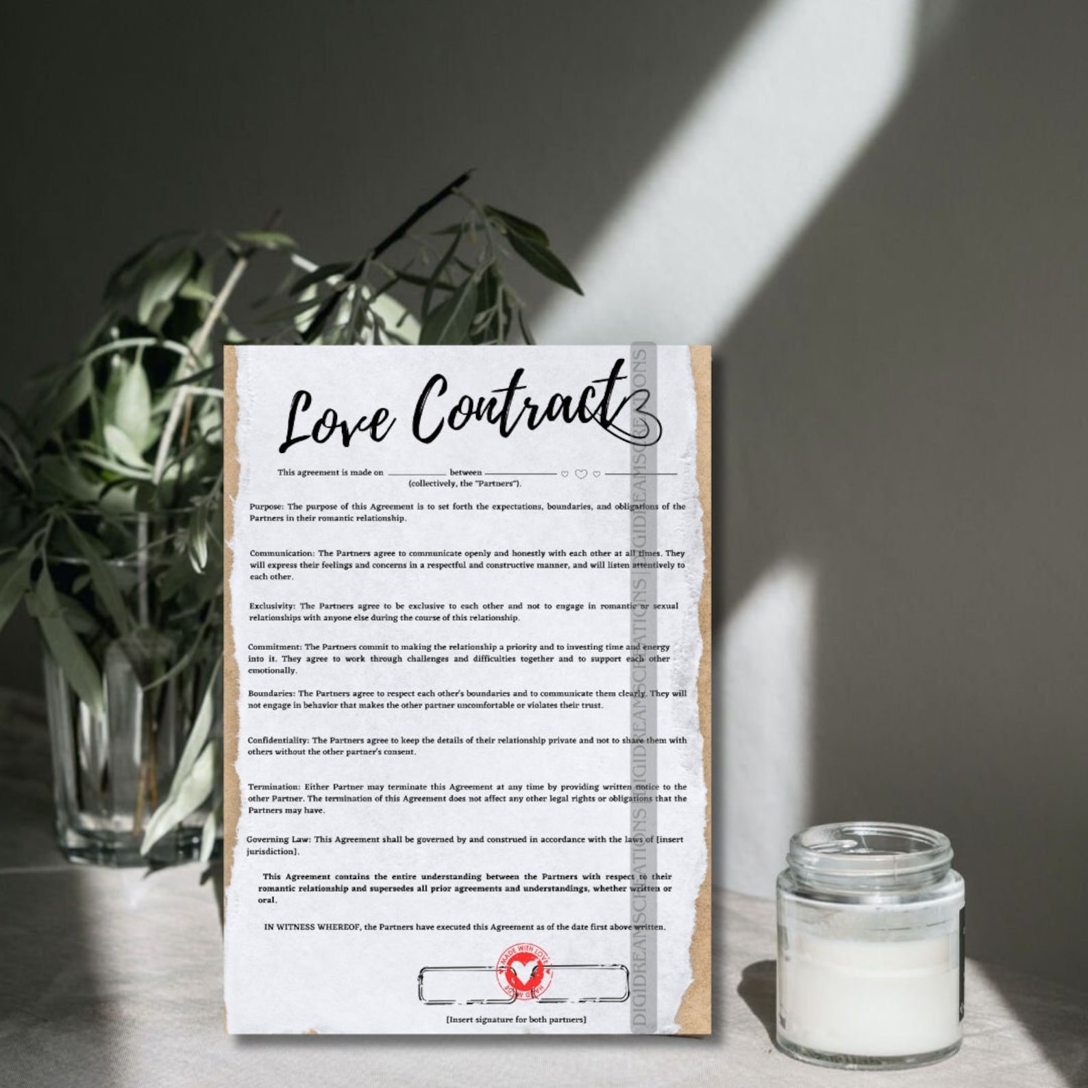 Couple Contract, Printable Love Contract, Digital Relationship Contract ...