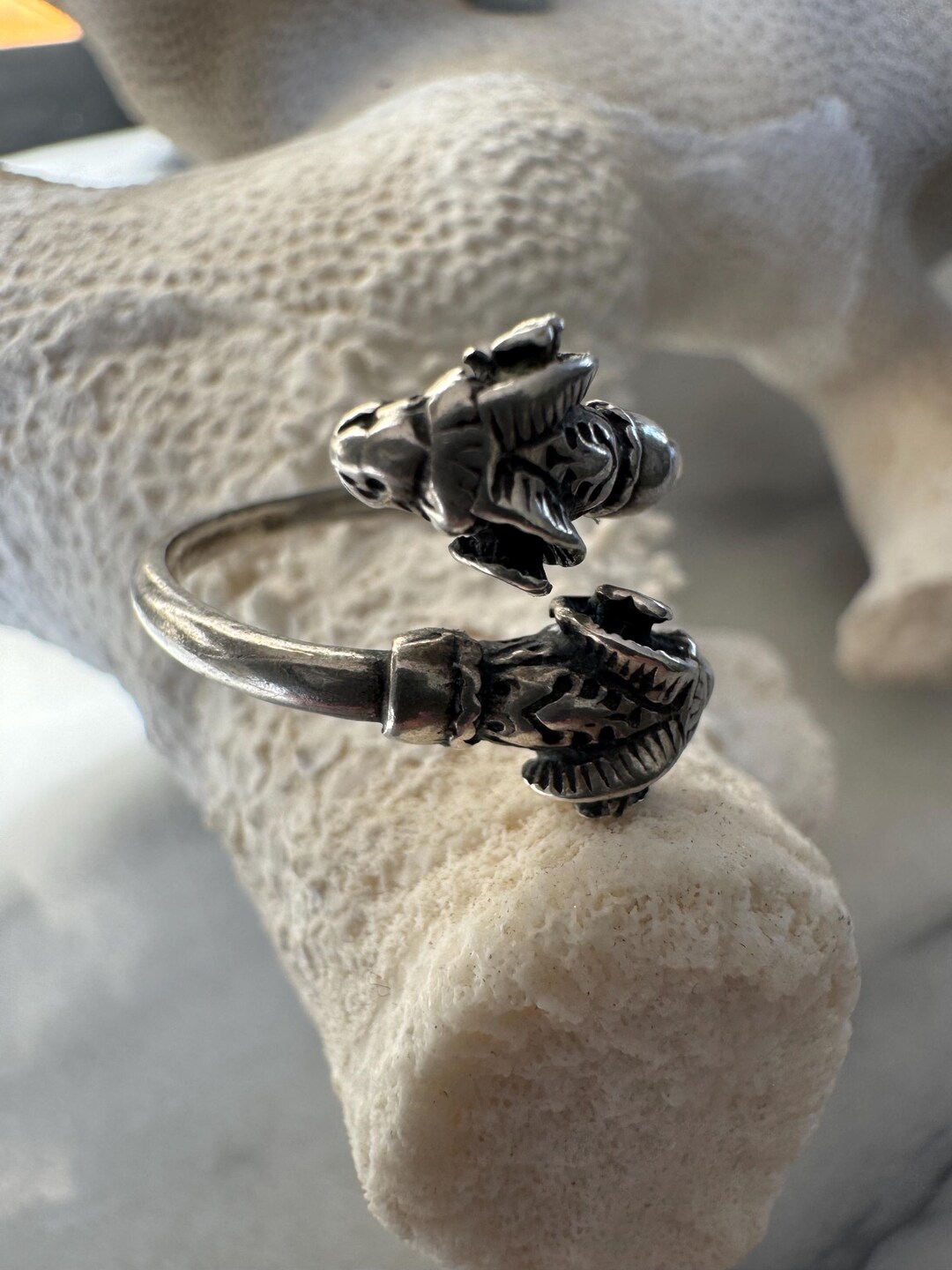 Vintage Sterling Silver 925 Double Rams Head Adjustable Wrap Ring SZ 7 ...