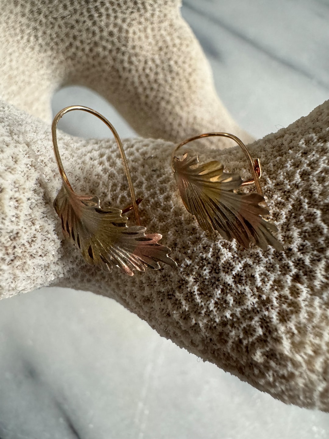 Vintage 14K Laser Cut Tricolour Stripe Leaf French Wire Earrings - Etsy