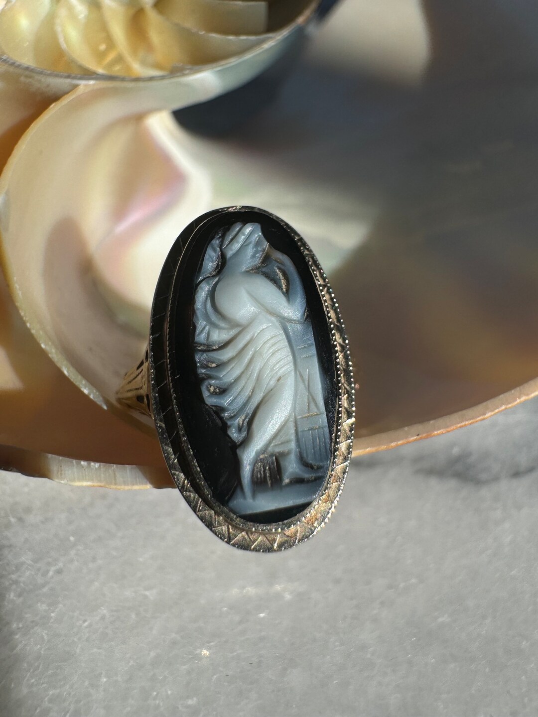 Antique 10K Black Agate Carved Toga Goddess Ring Size 6.75 - Etsy