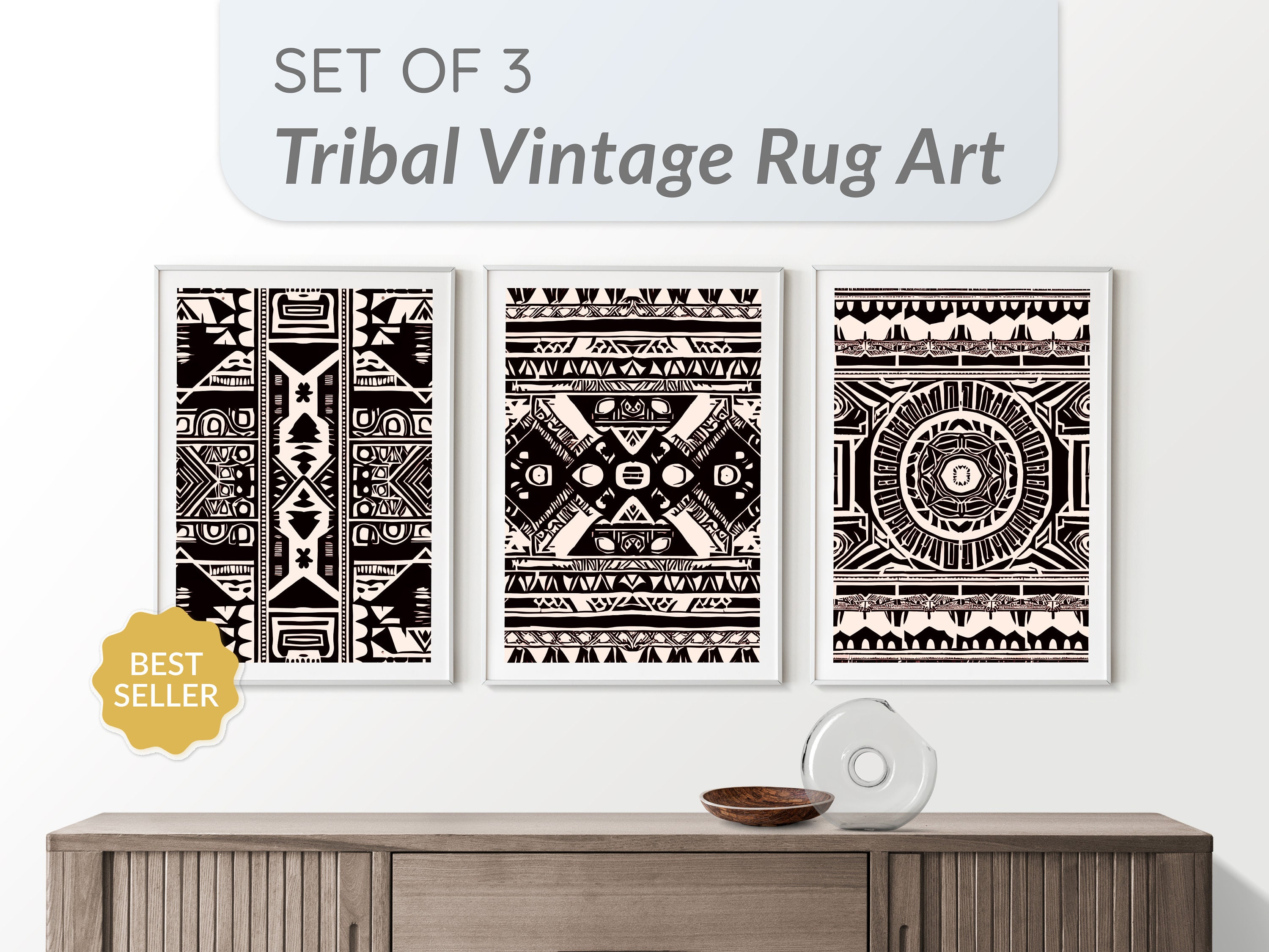 Abstract Tribal Vintage Rug Pattern Wall Art Set of 3 African Boho ...