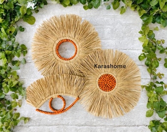 Raffia Decor Raffia Mirror Decor Raffia Sea Shell Raffia Wall Decor Natural Raffia Wall Hanging ...