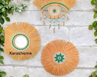Raffia Decor Raffia Mirror Decor Raffia Sea Shell Raffia Wall Decor Natural Raffia Wall Hanging ...