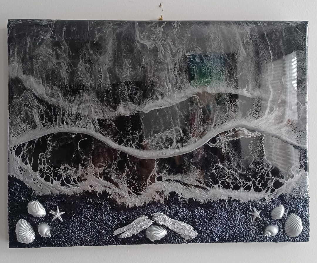 Black and Silver Resin Wall Art, 3D Beach Wall Art, Resin Painting ...