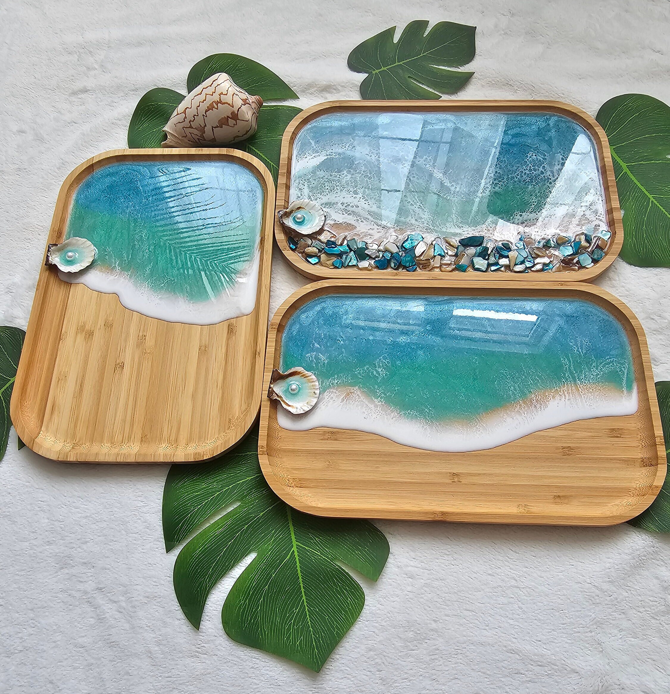 Beach Bamboo Resin Tray, Ocean Jewelry Tray, Decorative Serving Tray ...