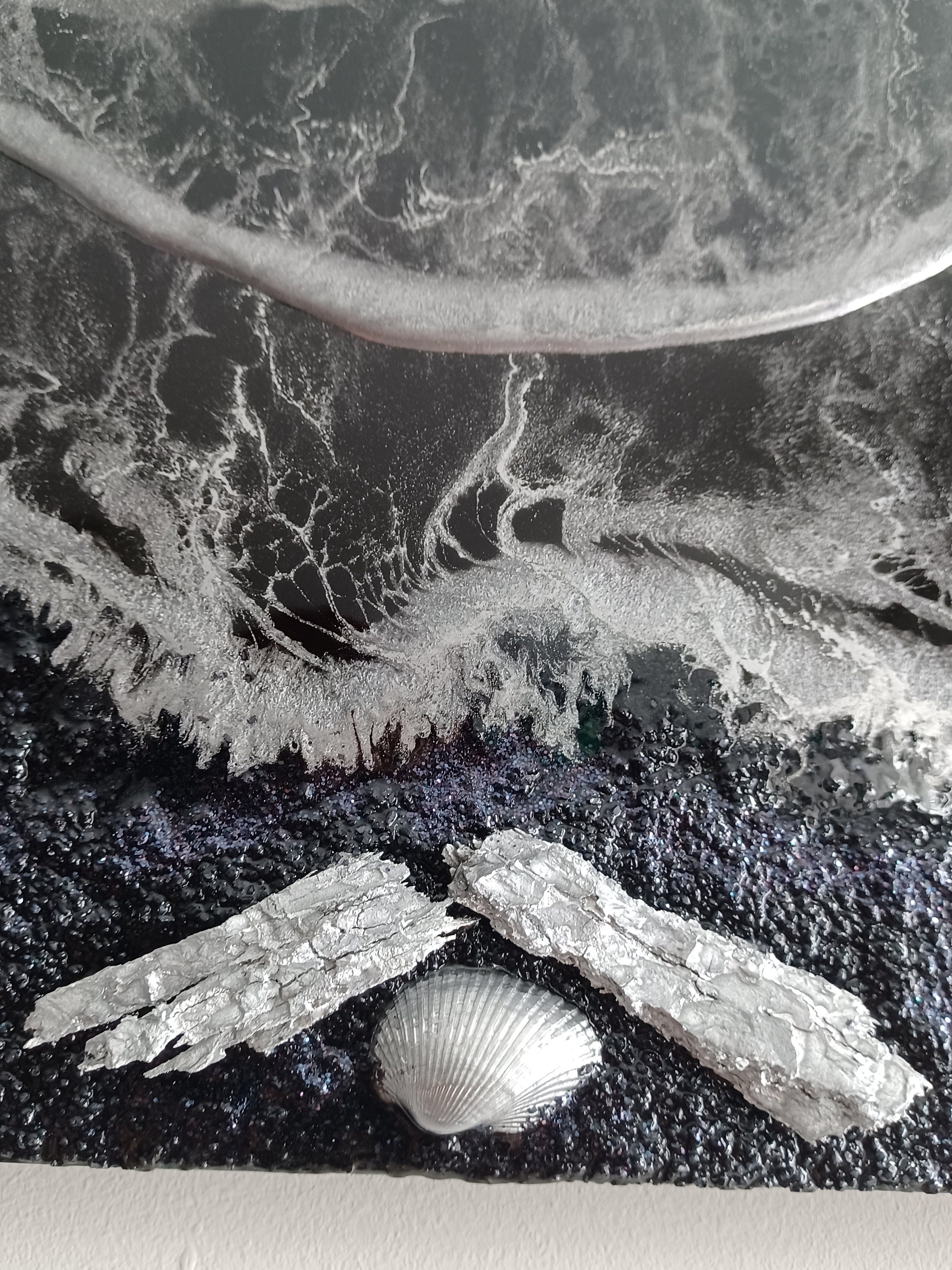 Black and Silver Resin Wall Art, 3D Beach Wall Art, Resin Painting ...