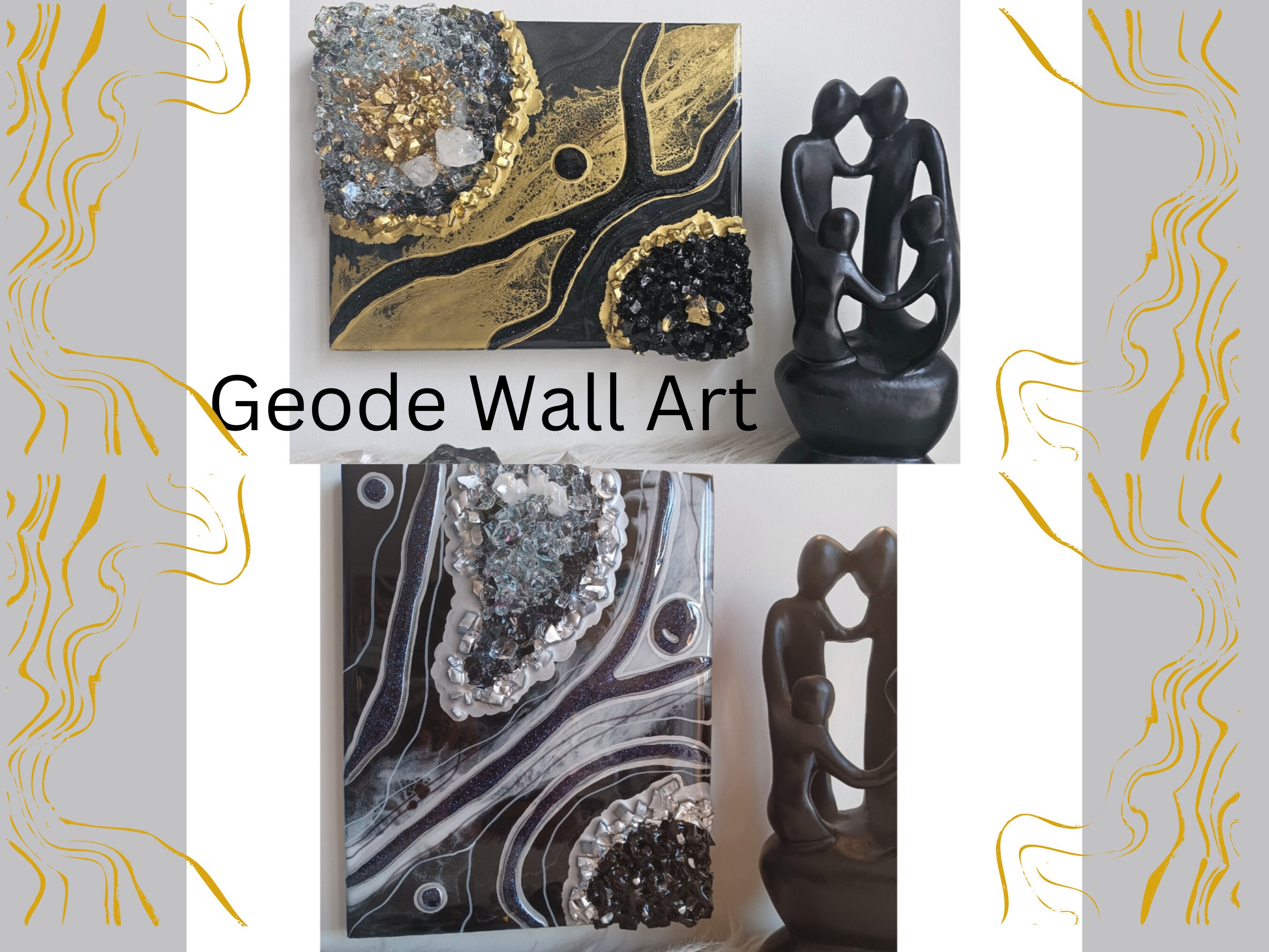 Geode Wall Art Black and Gold, Black and White, Resin Geode Artwork ...