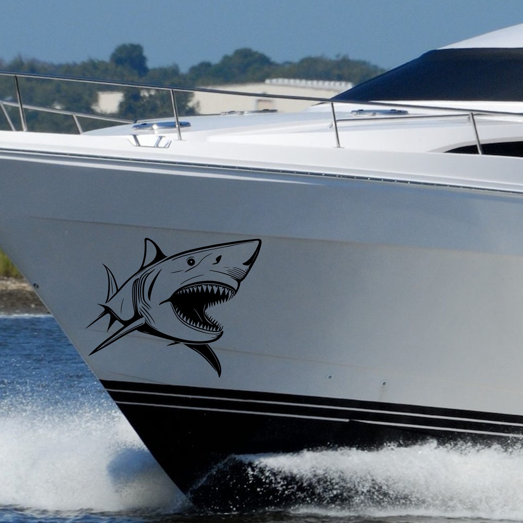 Aggressive Shark Vinyl Boat Decal for Yacht Hull Marine Vessel Fishing ...