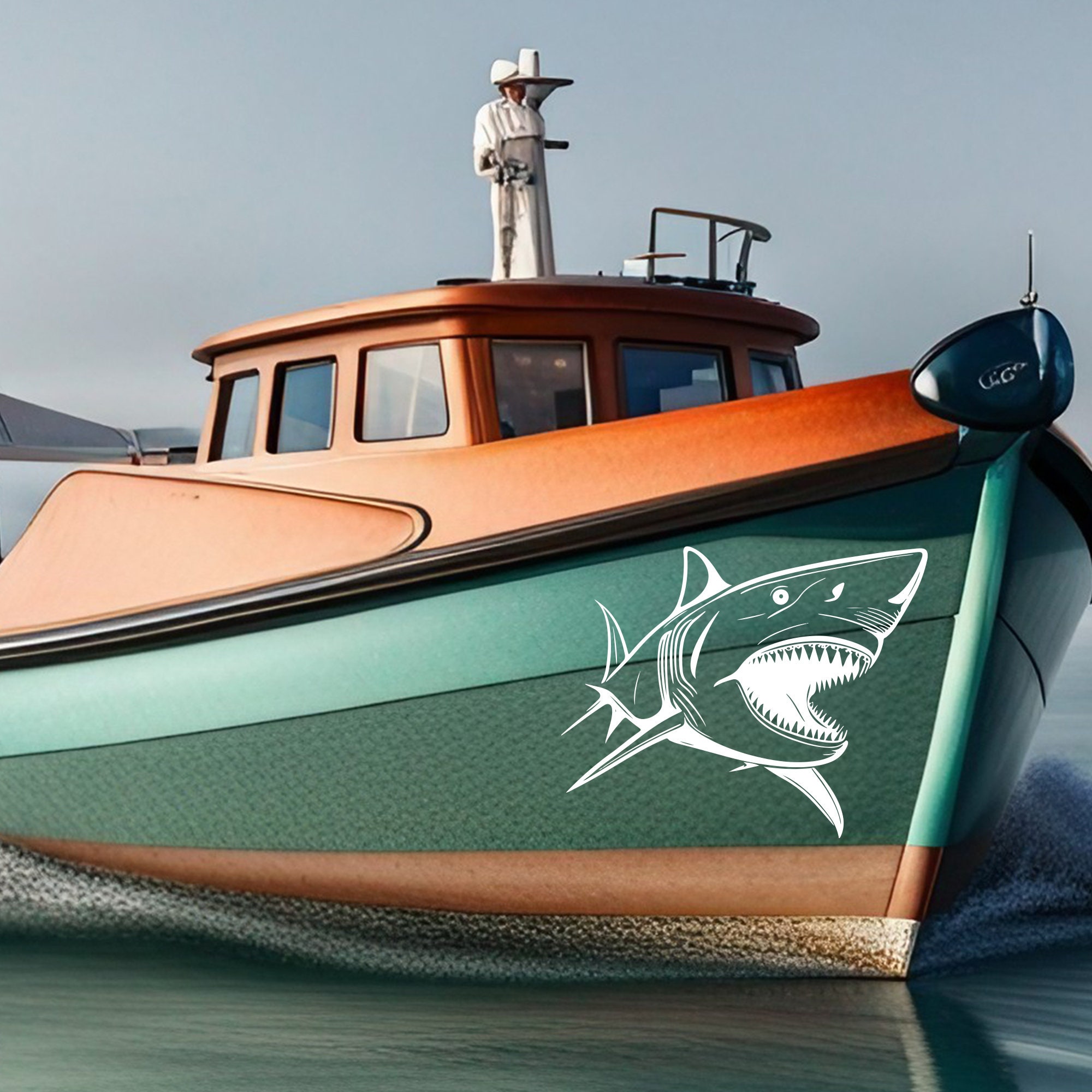 Aggressive Shark Vinyl Boat Decal for Yacht Hull Marine Vessel Fishing ...