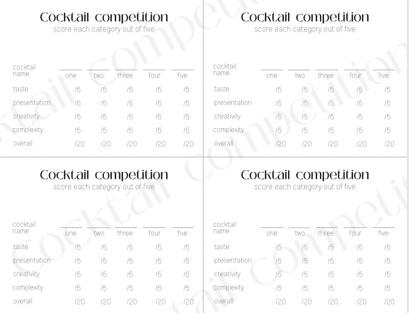 Minimalistic Cocktail Competition Score Card, Cocktail Competition ...