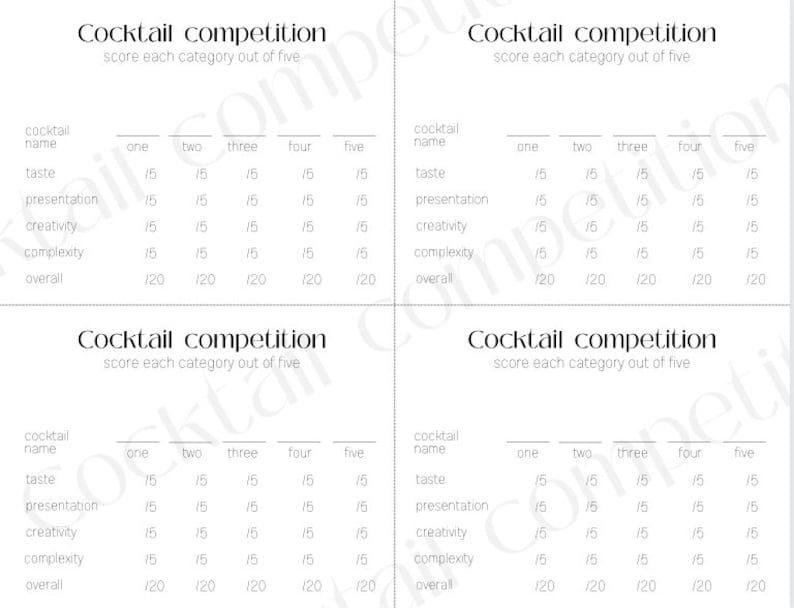 Minimalistic Cocktail Competition Score Card, Cocktail Competition ...