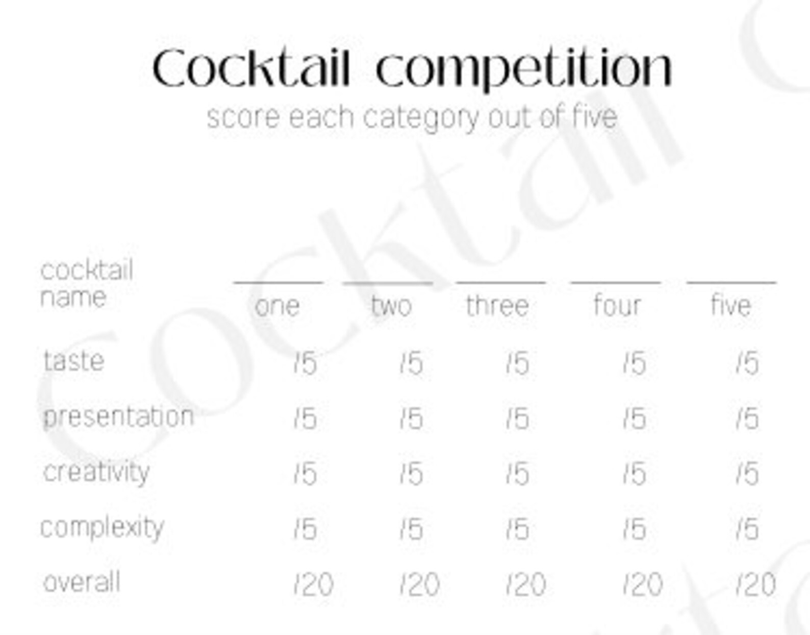 Minimalistic Cocktail Competition Score Card, Cocktail Competition ...